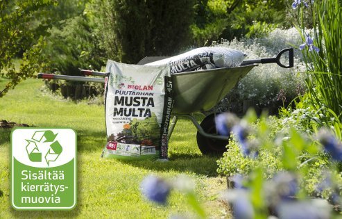 Puutarhan Mustaa Multaa pakataan kierrätysmuoviin - Biolan